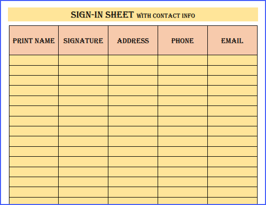 Printable Sign In Sheet For Recording Static Information
