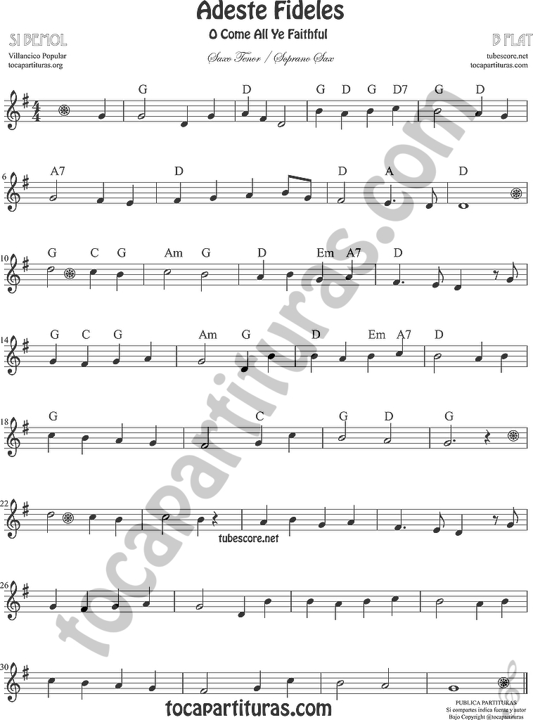 tubescore: O come All Ye Faithful Sheet music for flute, alto saxophone, violin, guitar tab ...