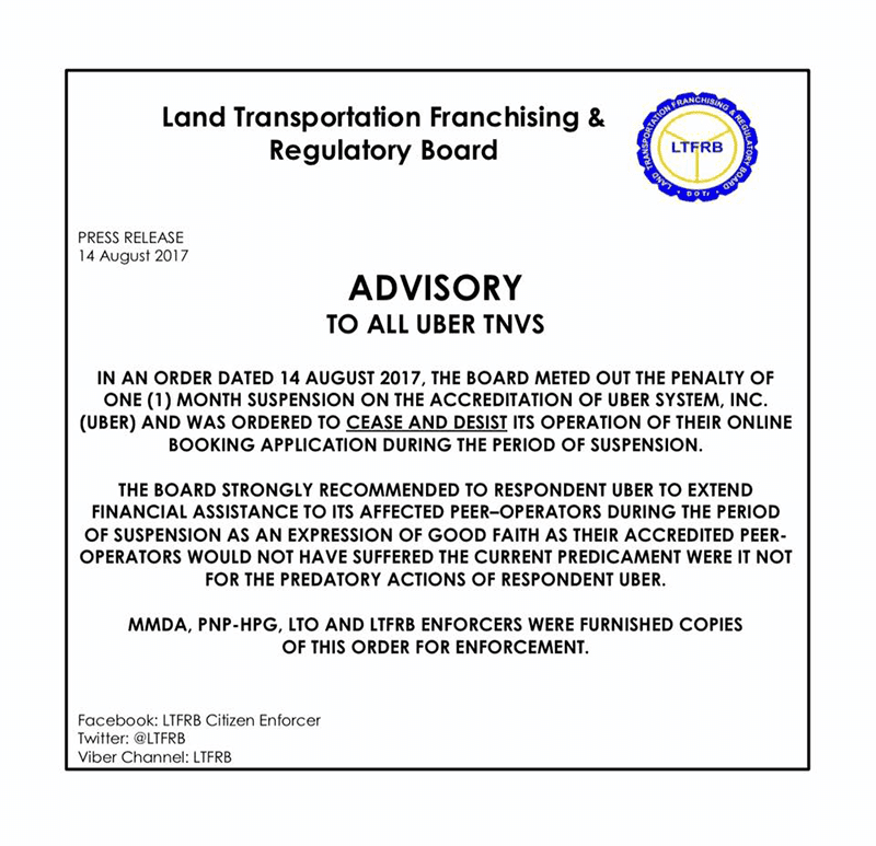 LTFRB Suspends Uber For 1 Month In PH