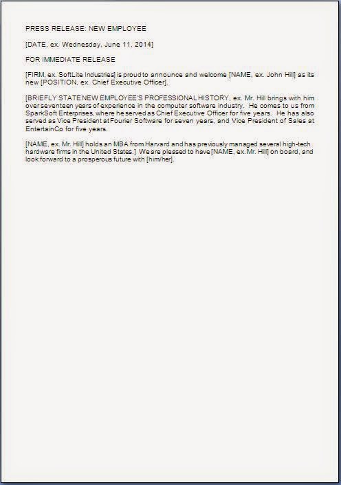 New Employee Joining Press Release Format ( CEO, Director, CFO, ED)