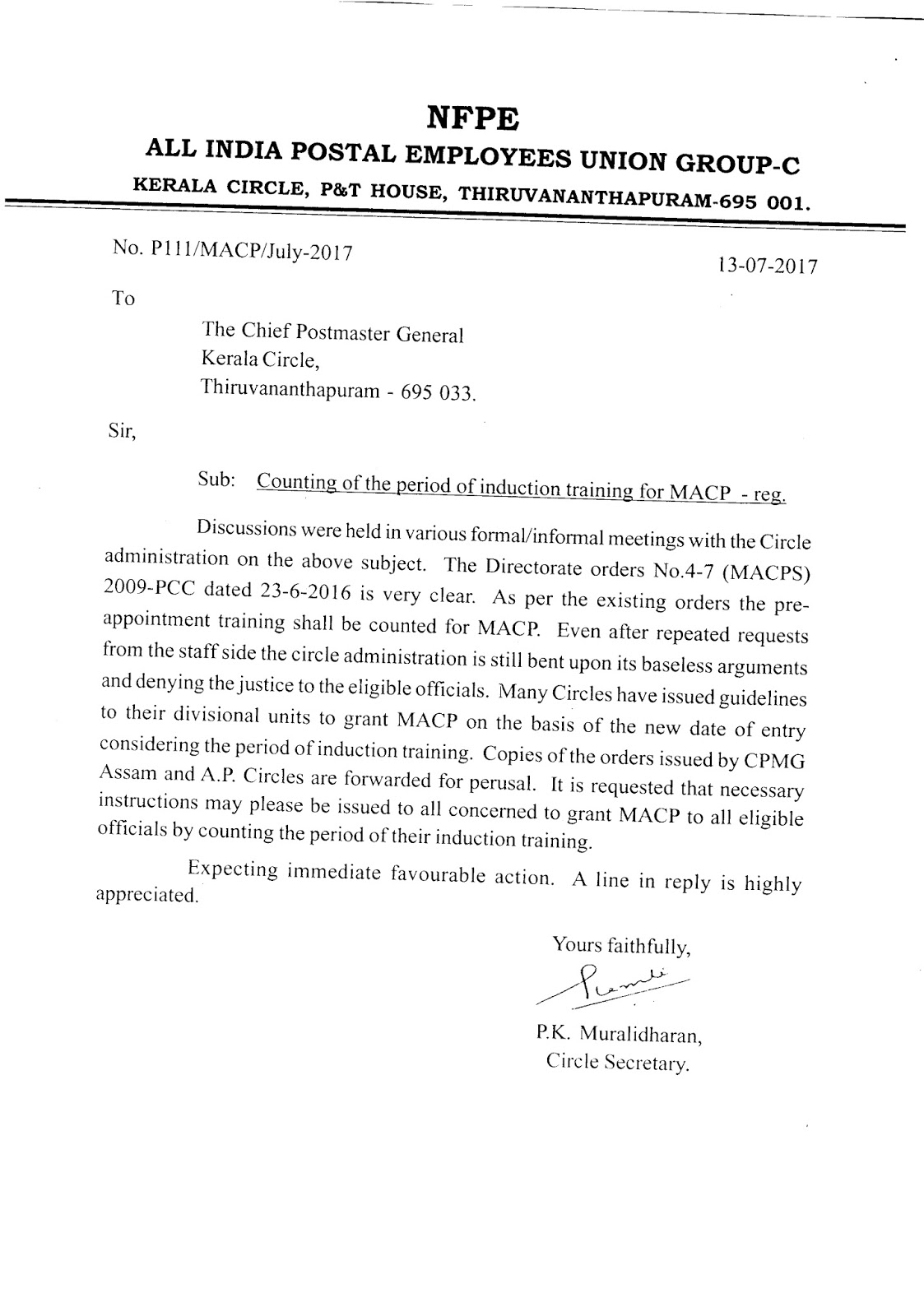 NFPE PALAKKAD 678001: NFPE LETTER TO CPMG