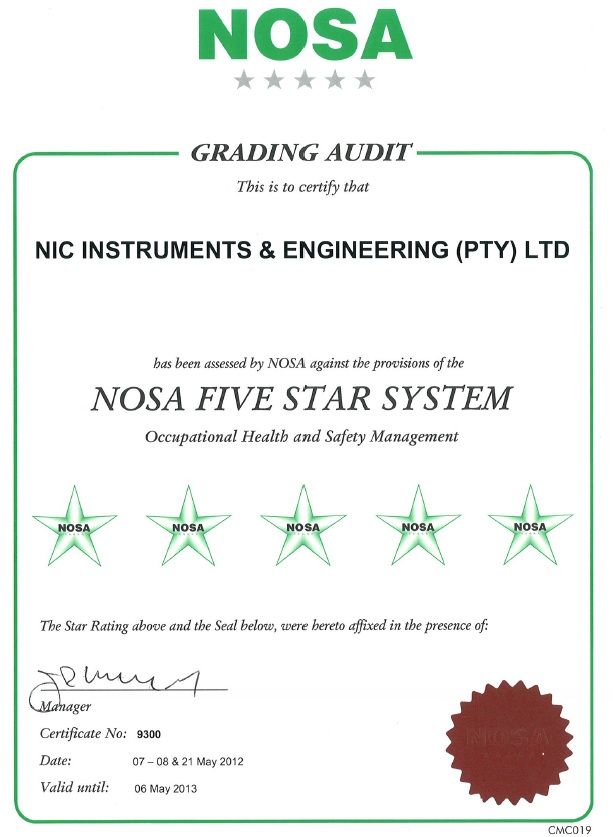NIC Instruments & Engineering (Pty) Ltd: NIC - NOSA ACCREDITATION 2012-2013