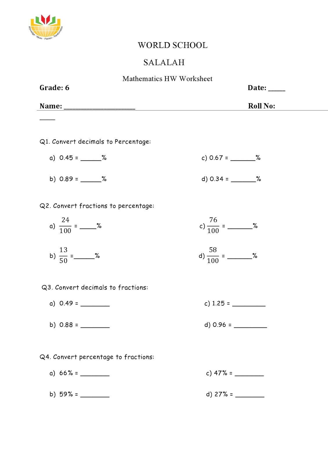 Birla World School Oman: Homework for Grade 6 as on 18/12/2018