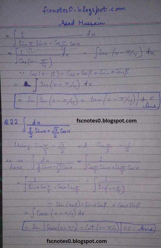 FSc ICS Notes Math Part 2 Chapter 3 Integration Exercise 3.3 Complete