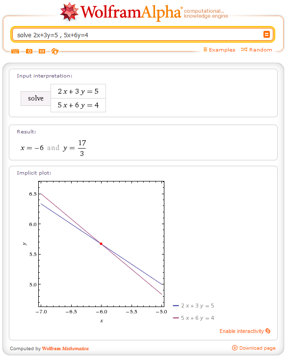 Sistema de Ecuaciones Método Gráfico Online - Wolfram Alpha | Wolfram Alpha en Español