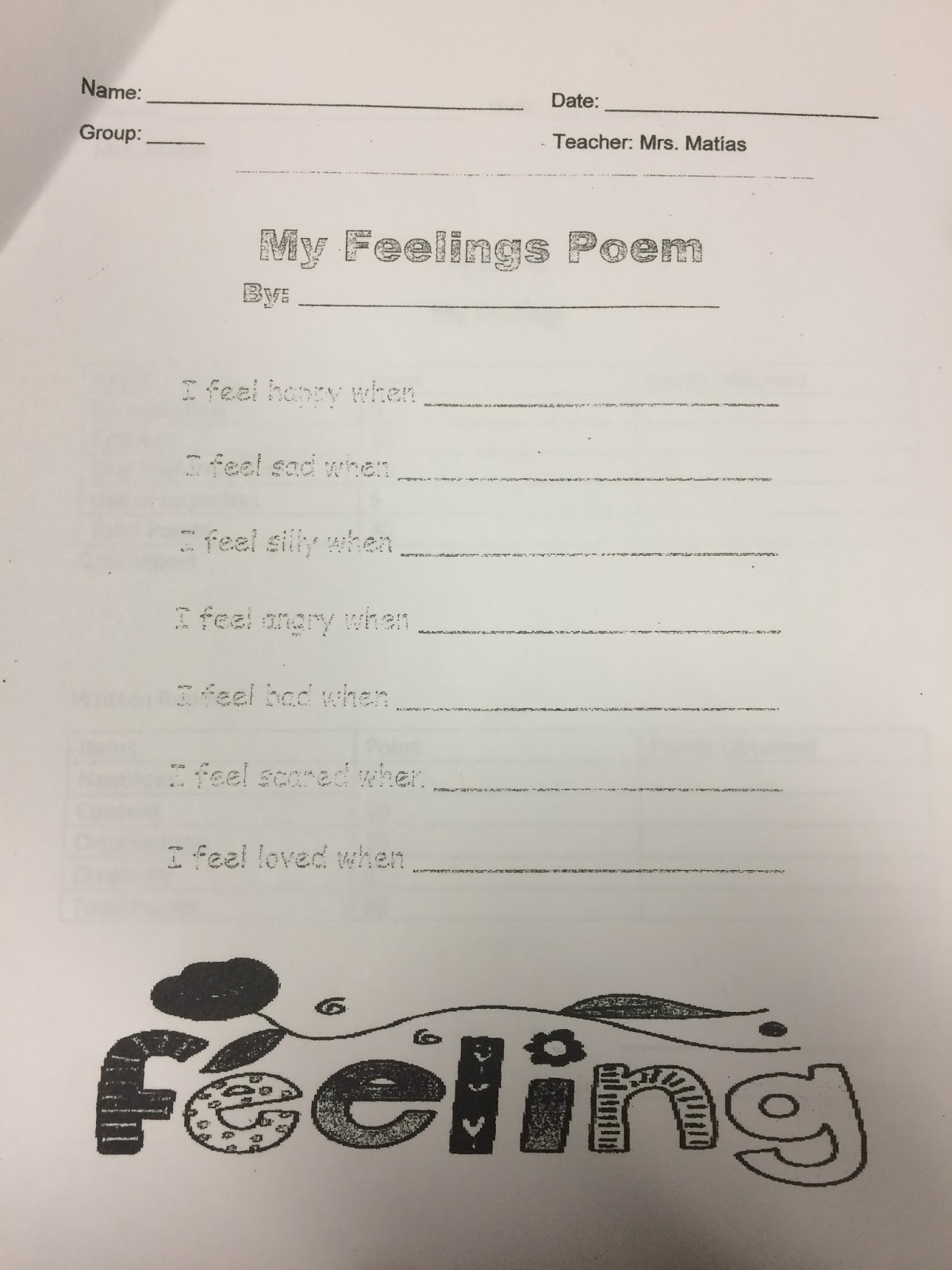 Biblioteca Escuela Llanos del Sur: My Feelings Poem