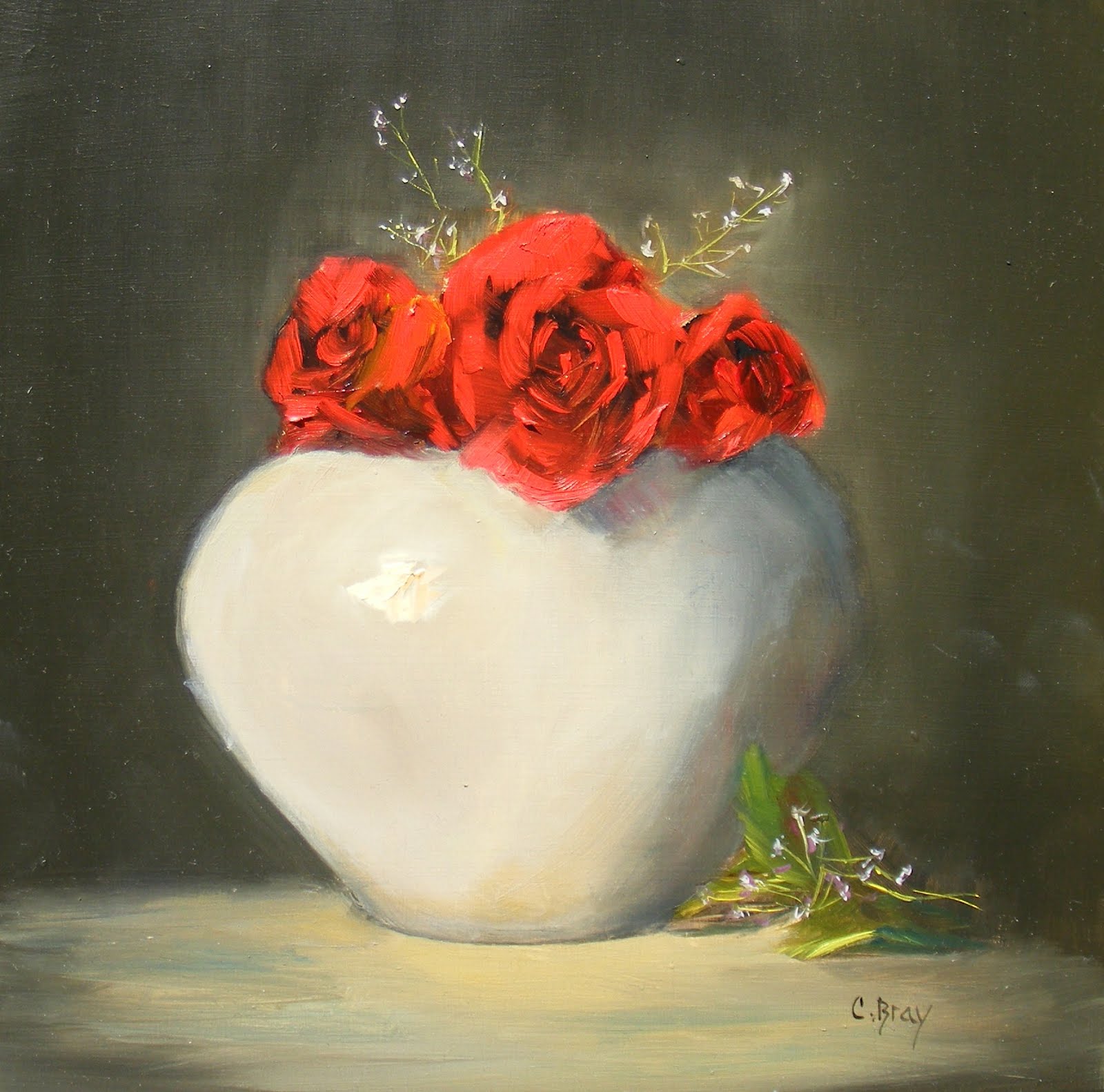 CHRISTINE BRAY: Three Red Roses in Vase 10 x 10 Oil on Panel