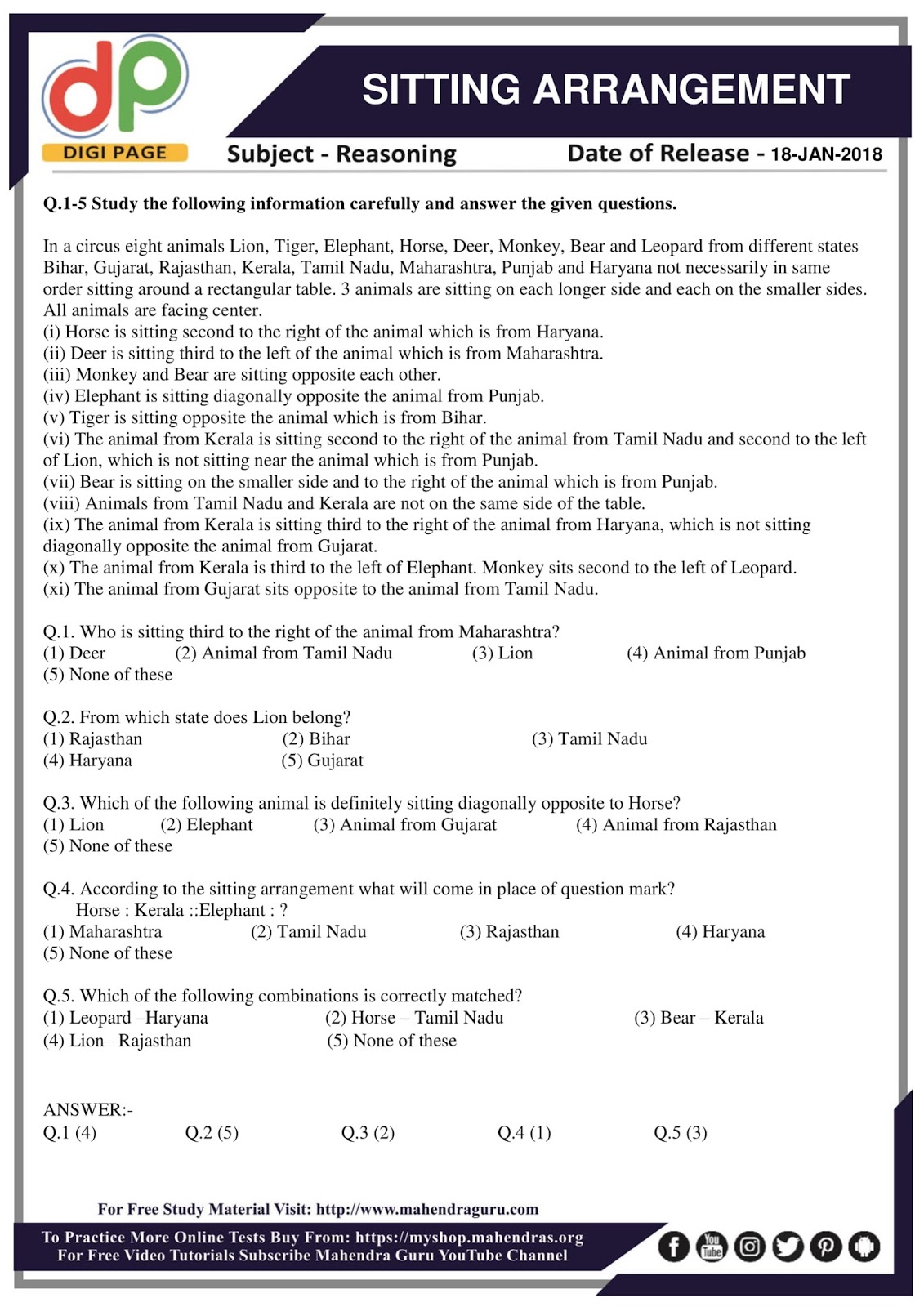 DP | Sitting Arrangement Questions For IBPS Clerk Mains | 18 - 01 - 2018