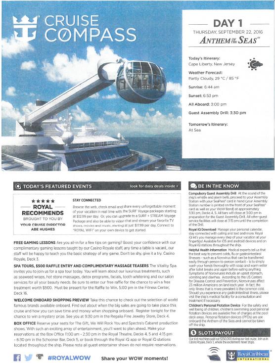 Canada & New England Cruise Blog: Cruise Compass and Daily Planner