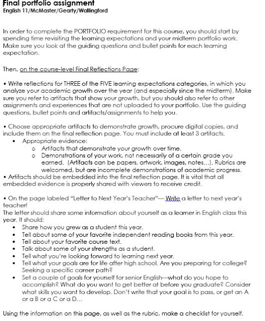 Ms. Gearty's English Classes: Portfolio Assignment and Rubric!