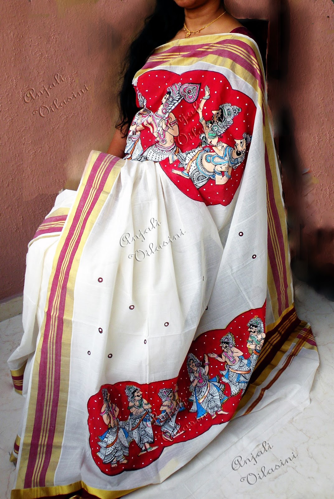 Anjali Vilasini: fabric painting - kalamkari style on kerala saree ...