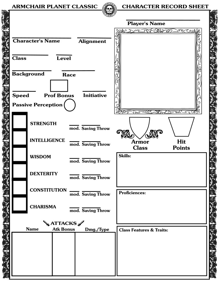 From the Sorcerer's Skull: 5e Retro Character Record Sheet