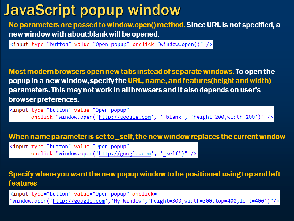 Sql server, .net and c# video tutorial: JavaScript popup window Sql server, .net and c# video tutorial: JavaScript popup window