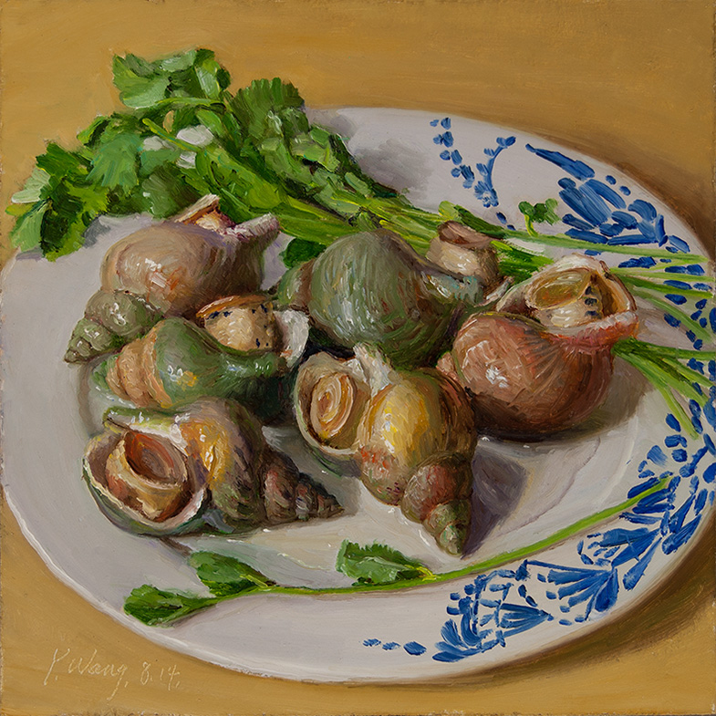 Wang Fine Art: shellfish and cilantro, still life seafood oil painting ...