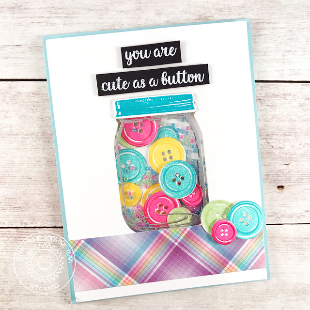 Sunny Studio: Cute As A Button and Vintage Jar Shaker Card with Amy