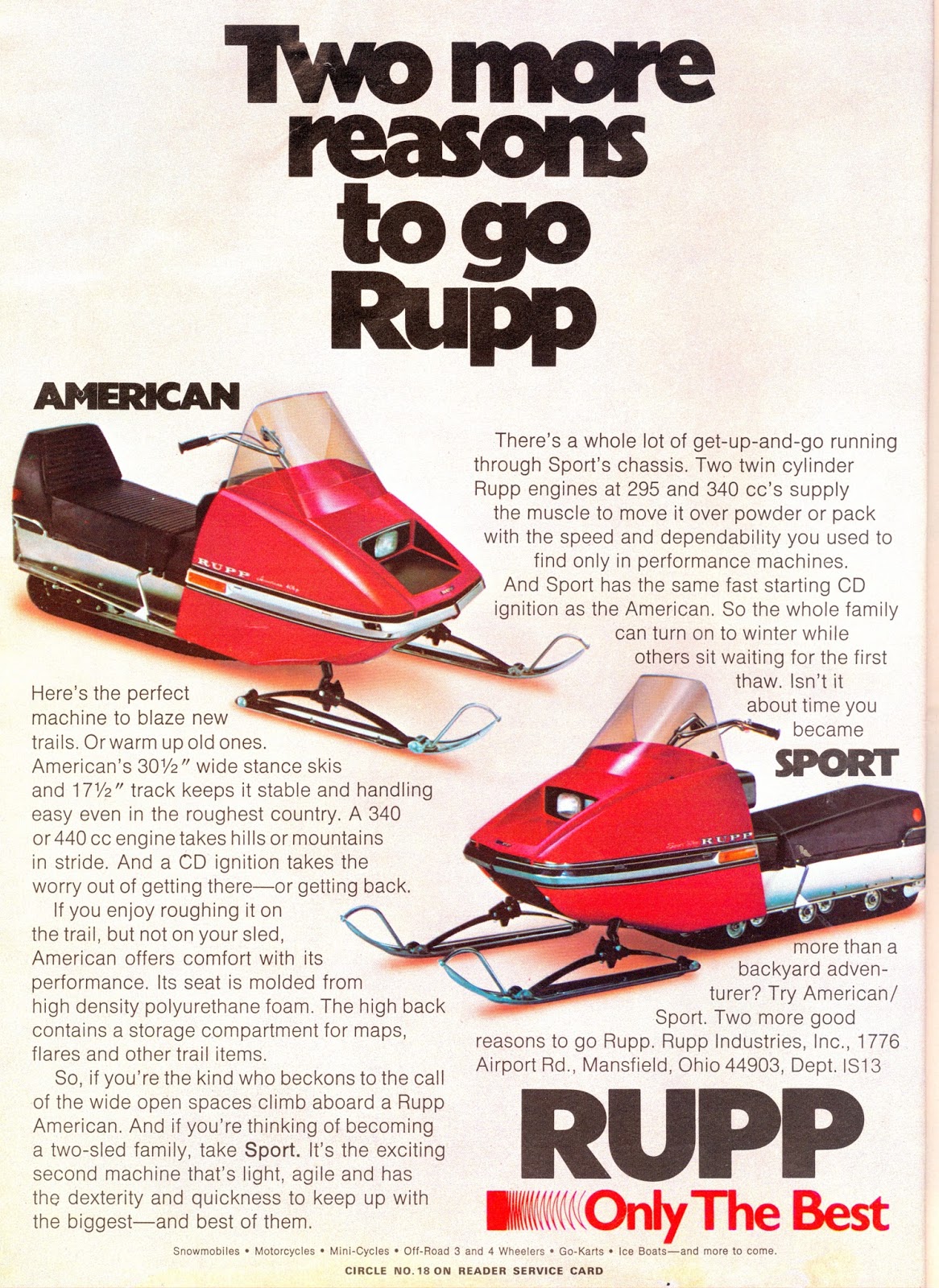 CLASSIC SNOWMOBILES OF THE PAST: 1974 RUPP SPORT & AMERICAN SNOWMOBILE AD