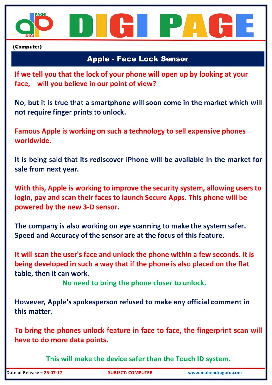 DP | Apple - Face Lock Sensor | 25- July - 17