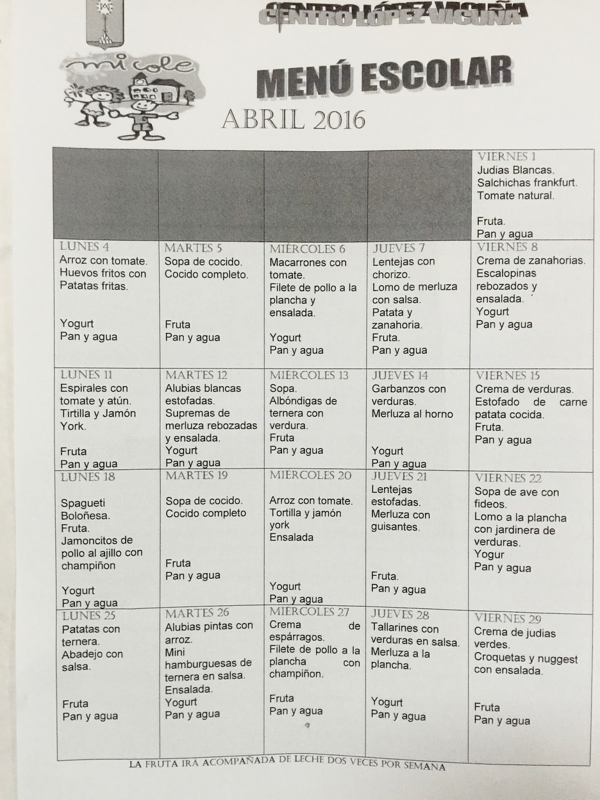 Menú del comedor Abril 2016 ~ @conunatizayvuestrasonrisa