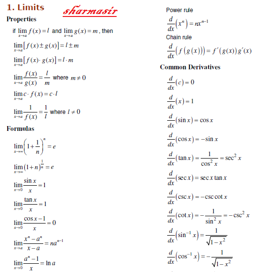 Trigonometry Formula Sheet