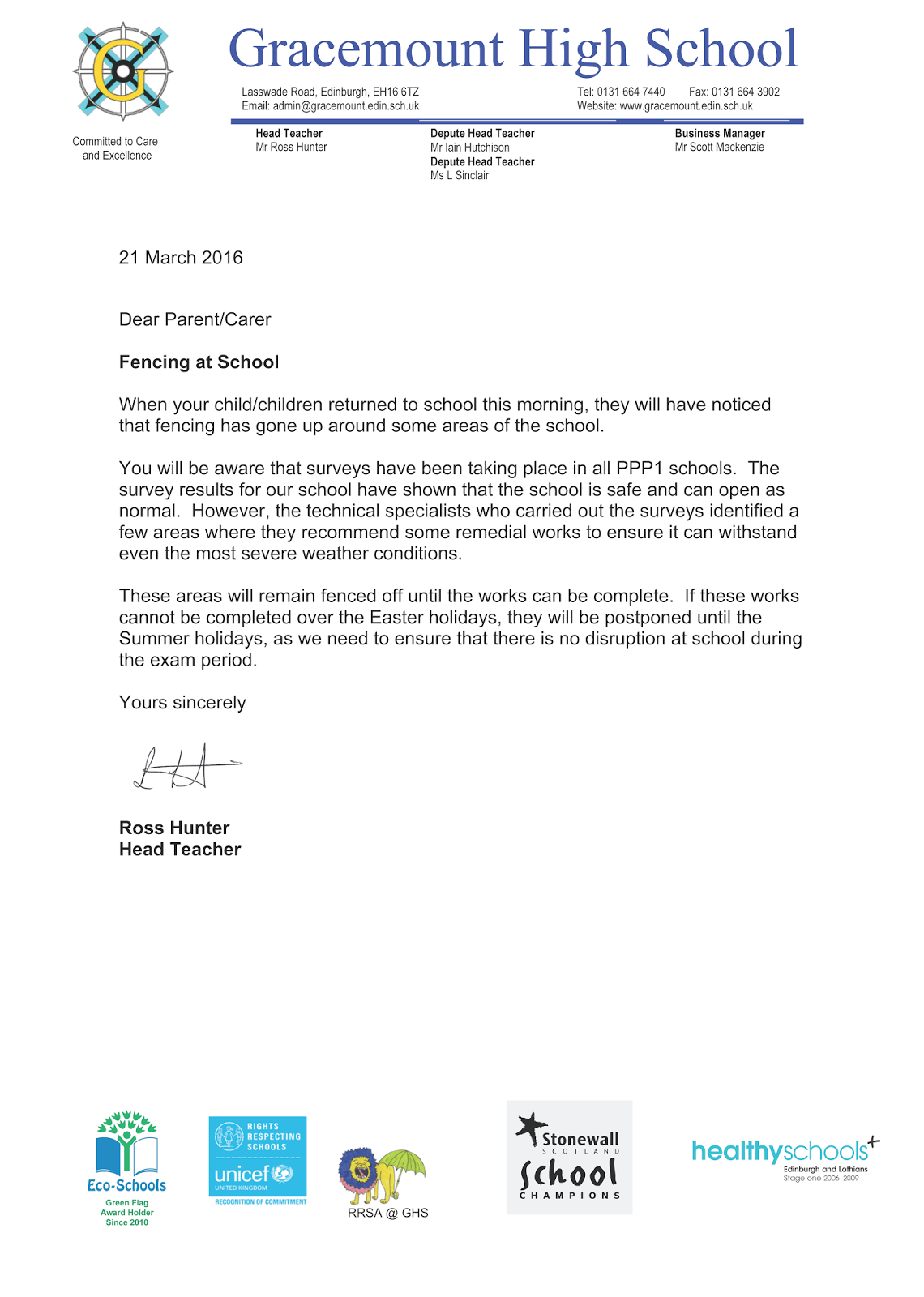 Building Letter - Gracemount High School