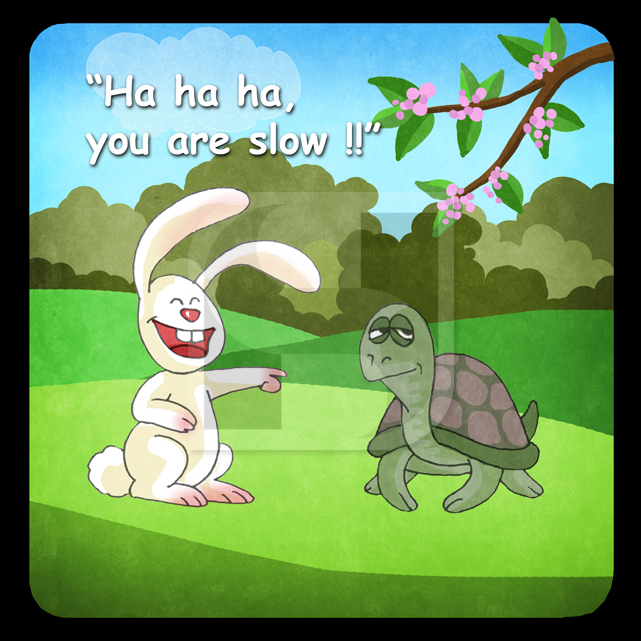 double-side of a coin: hare and tortoise - children book illustration
