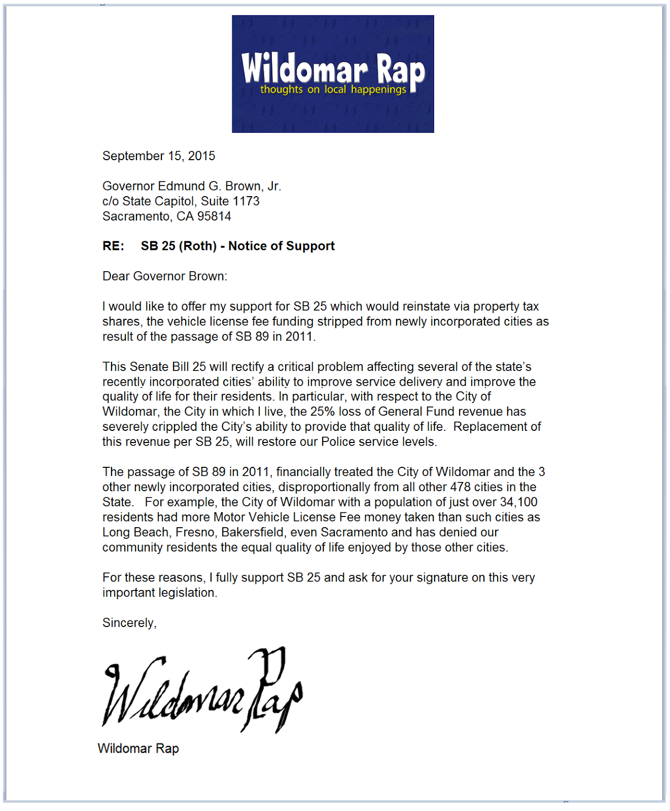 Wildomar Rap: • Letter Writing Campaign Urged