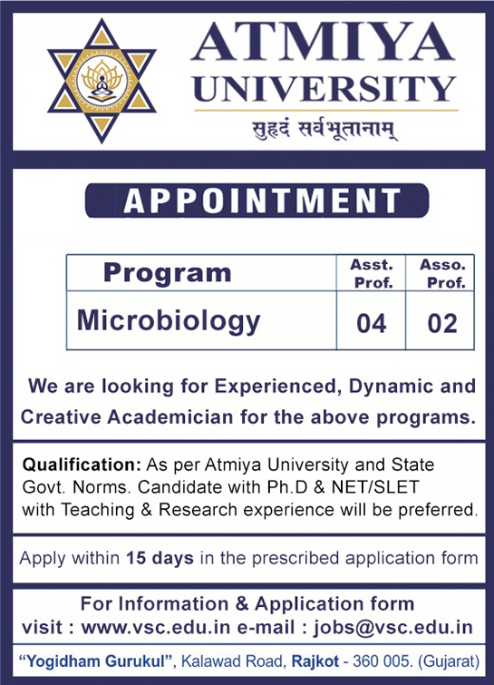 Atmiya University Microbiology Faculty Jobs | Atmiya Recruits @ helpBIOTECH Atmiya University Microbiology Faculty Jobs | Atmiya Recruits @ helpBIOTECH