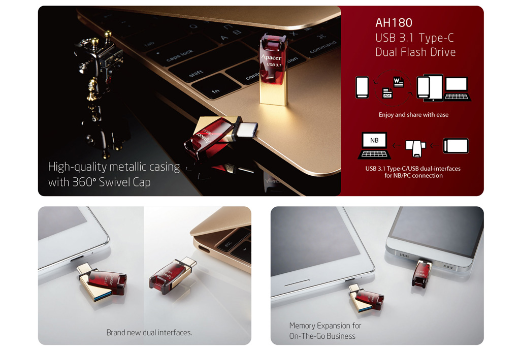 Apacer USB 3.1 Type-C Family launches Reversible-plug AH180 Dual Flash ...