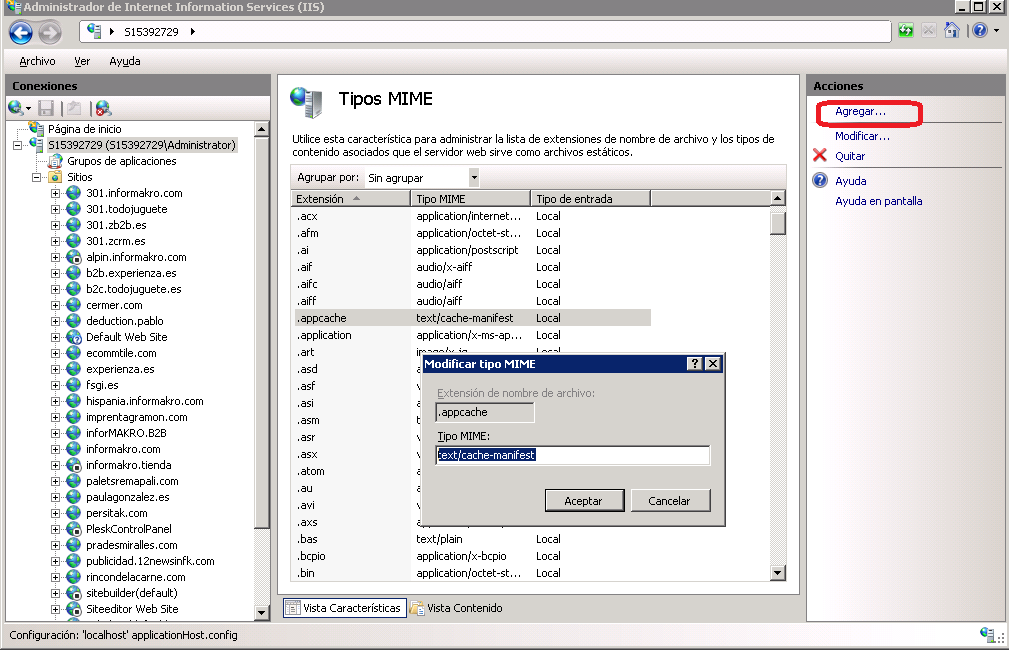Internet y Empresa: Configurar IIS 7 y web.config para usar appcache.