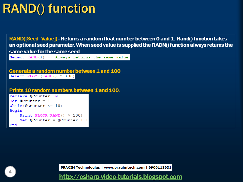 Sql server, .net and c# video tutorial: Part 29 –Mathematical functions Sql server, .net and c# video tutorial: Part 29 –Mathematical functions