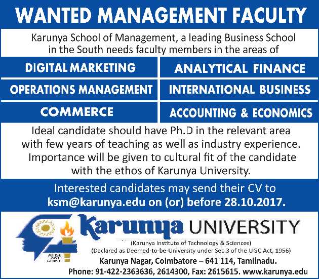 Karunya School of Management, Coimbatore, Wanted Teaching Faculty ...