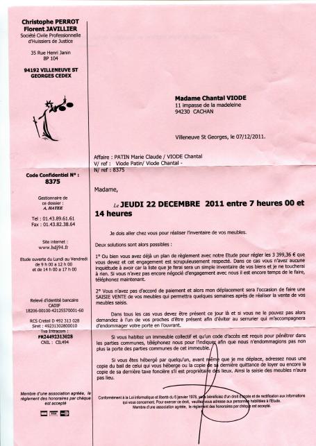 Histoire de Chantal: Document huissier le jeudi 22 décembre 2011