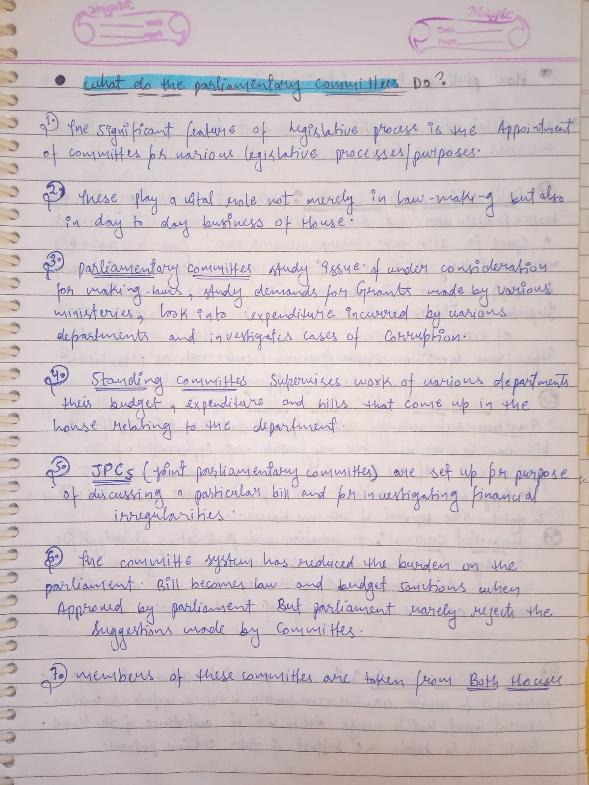 Handwritten Notes of LEGISLATURE - Political Science - Class 11th ...