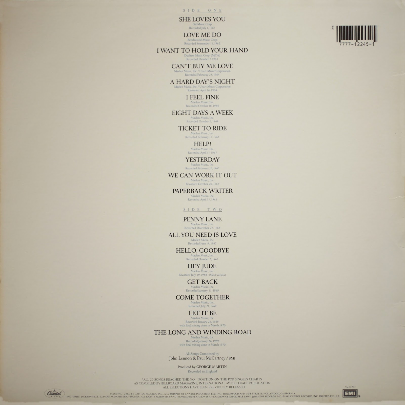 1982 20 Greatest Hits - The Beatles - Rockronología