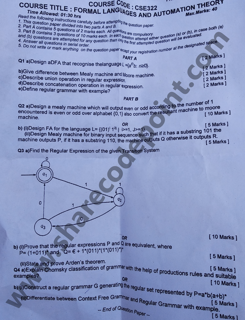 Cse322 Formal Languages And Automation Theory Mid Term Exam Question Paper Cse 322 Lpu