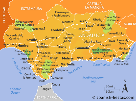 Andalucia Tourism Map Area | Map of Spain Tourism Region and Topography