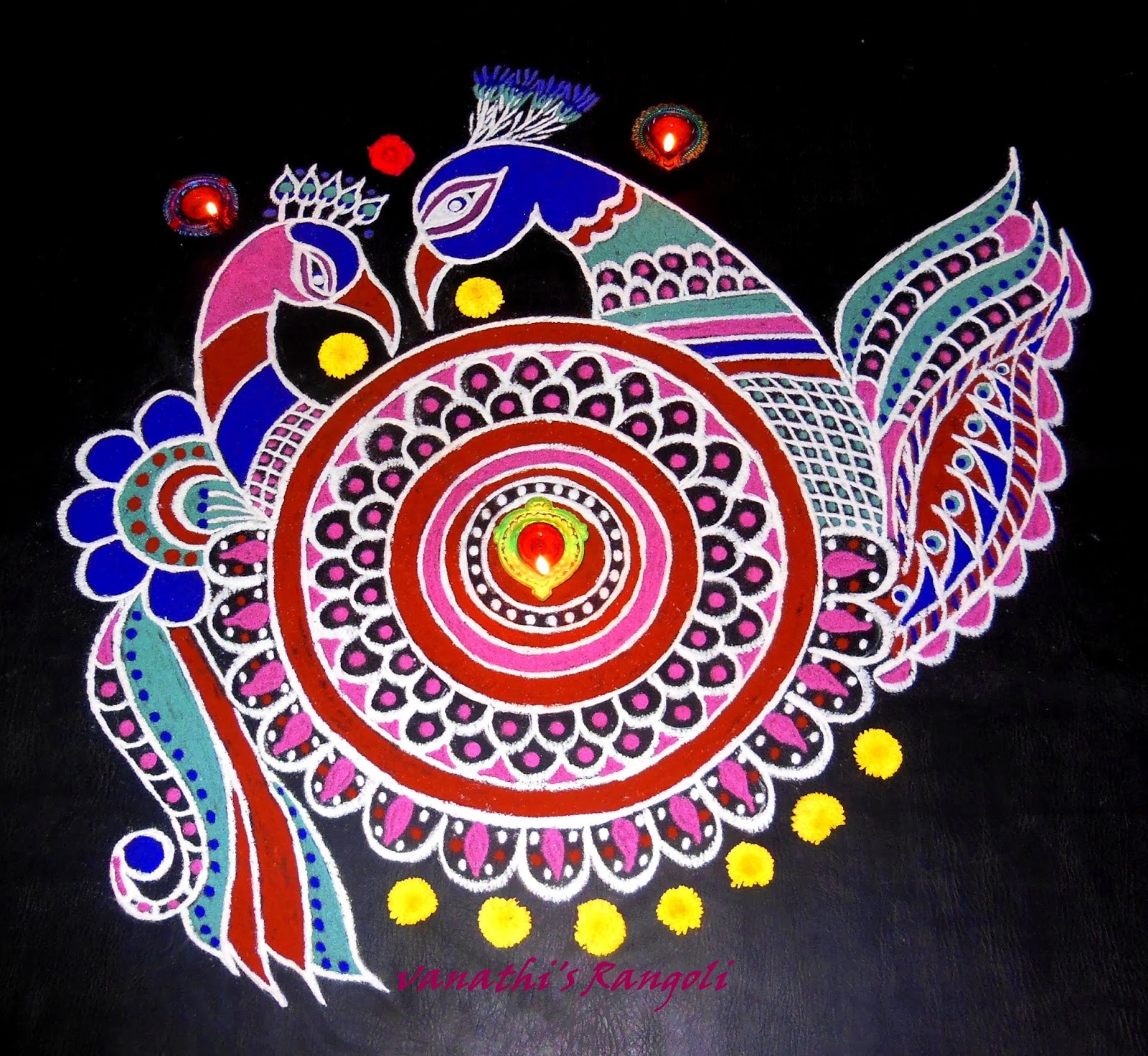 Vanathi's Rangoli / Kolangal: Peacock & Flower Design - Rice Flour ...