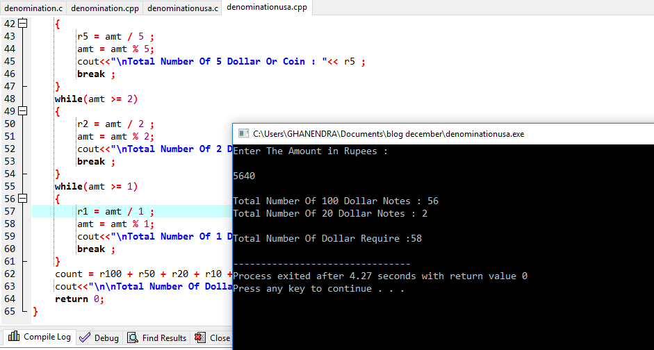 C++ Program For Denomination of an Amount Using While Loop
