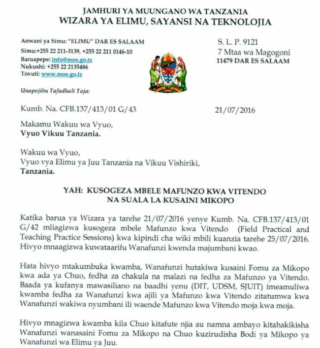 Taarifa ya Wizara ya Elimu : Kuogezwa mbele mafunzo kwa vitendo ...