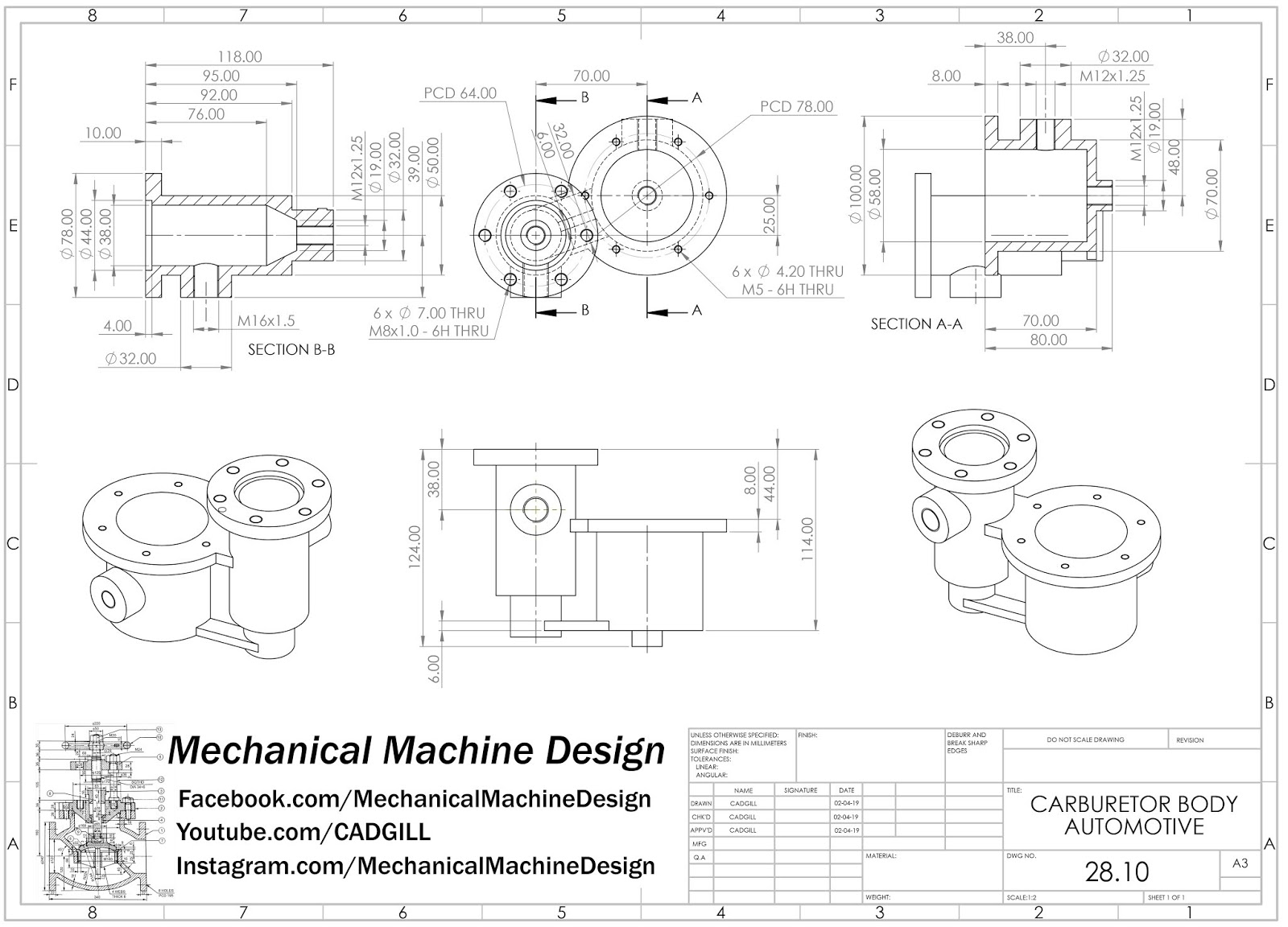Mechanical Machine Design: Automotive Carburetor Body Drawing