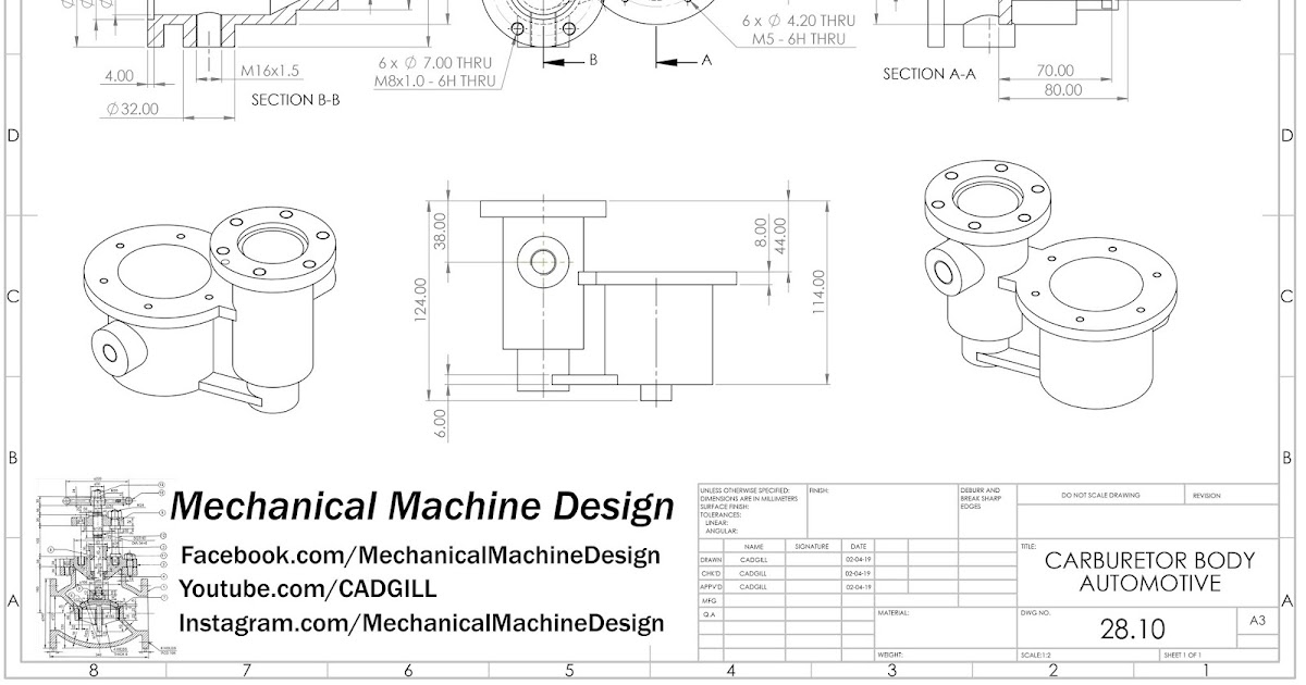 Mechanical Machine Design: Automotive Carburetor Body Drawing