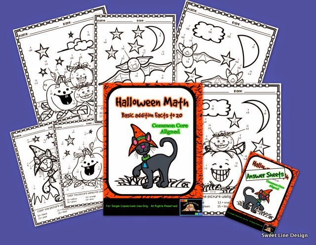 Sweet Line Design: Halloween Math - Find the Sum and Color the pictures