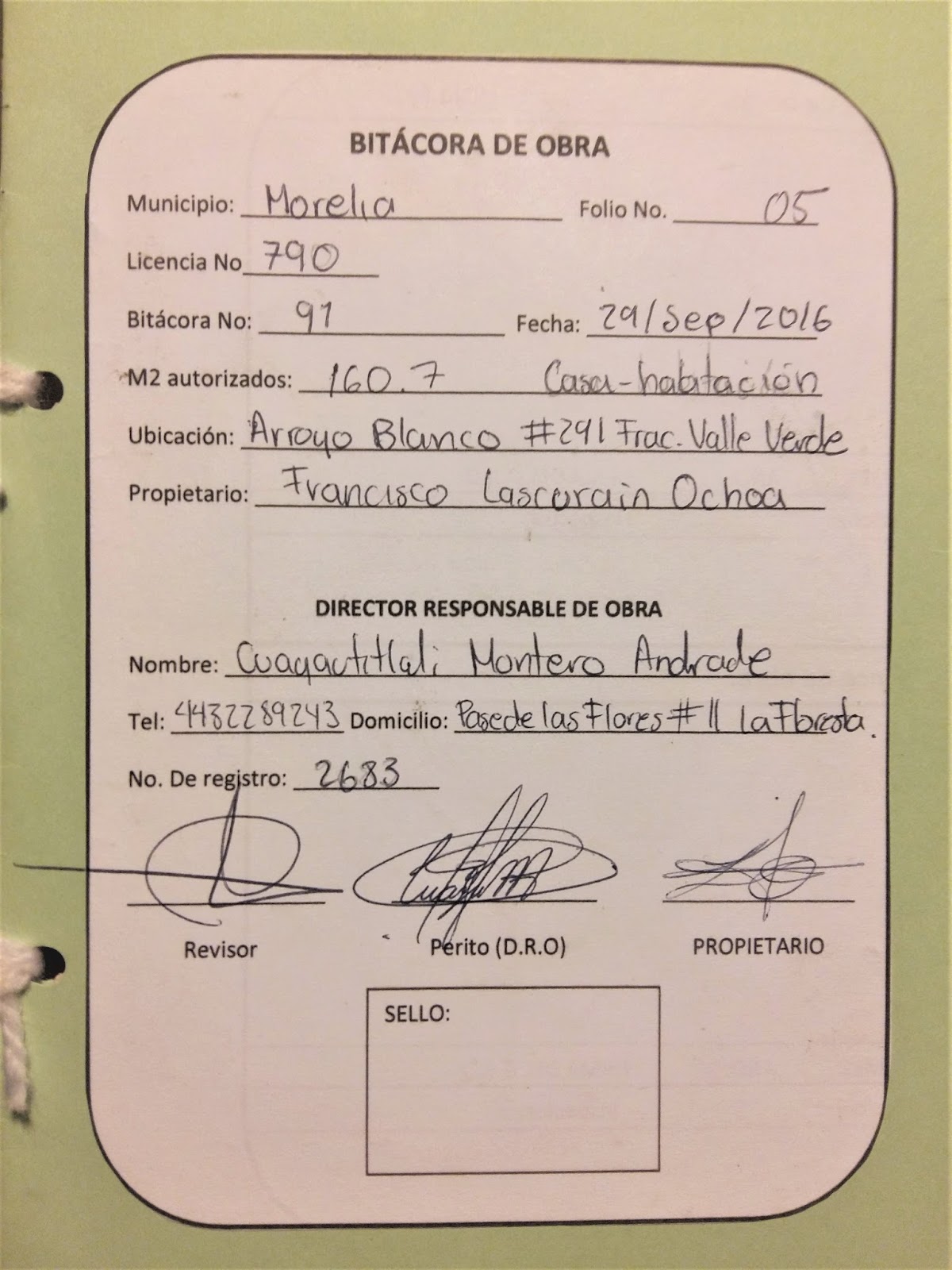 Cuayi Moan: Ejemplo de Bitácora de Obra.
