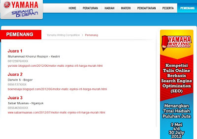 Daftar Pemenang Kontes Yamaha Writing Competition 2012