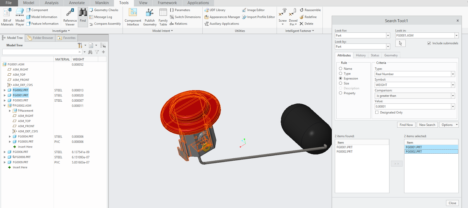 PTC CREO USERS: SEARCHING FOR PARTS WITHIN ASSEMBLY WITH A WEIGHT CRITERIA