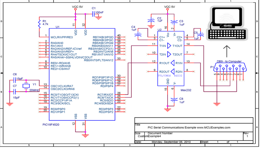 MCU Examples - PIC and Other MCU Examples: PIC Serial Rs232 example schematic