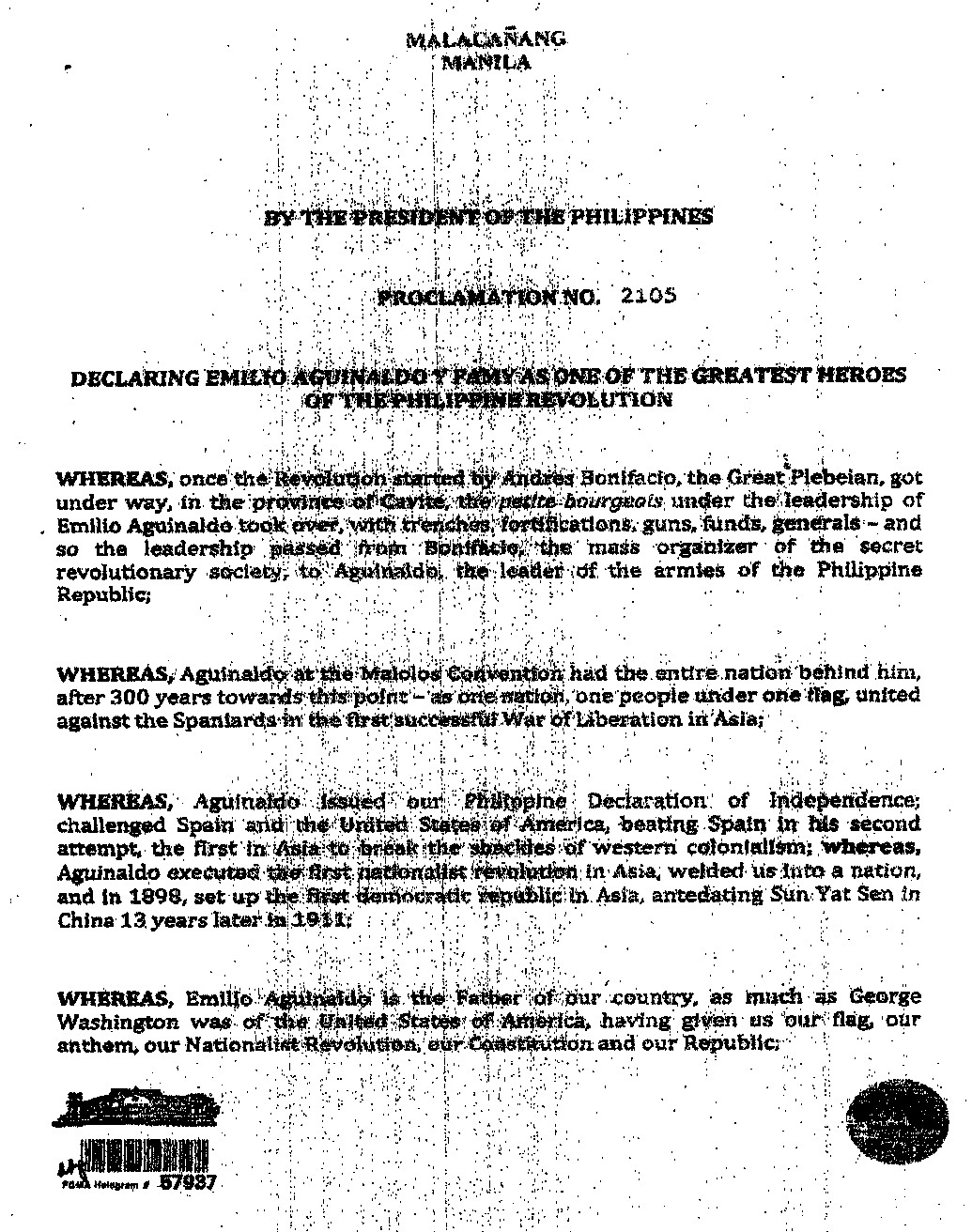 Emilio Aguinaldo: Proclamation 2105 - Declaring Aguinaldo as one of the ...