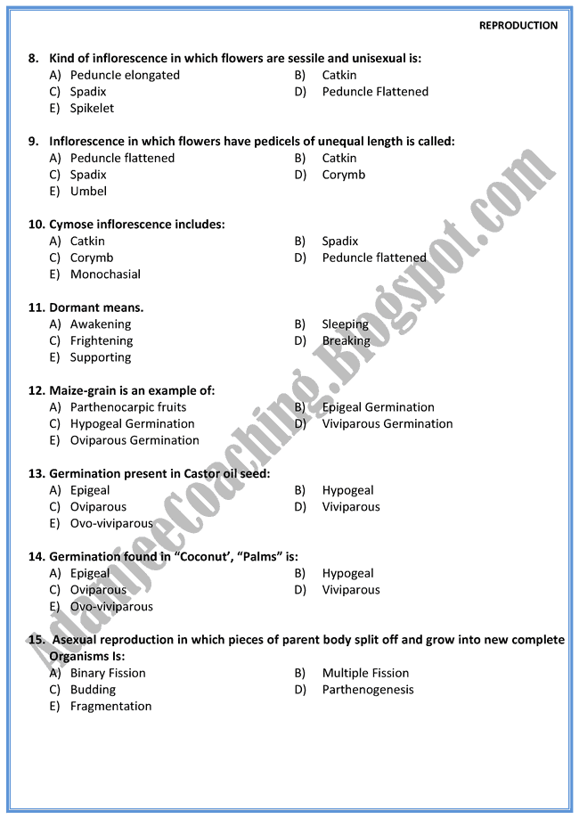 Adamjee Coaching: Biology Mcqs XII - Reproduction - Mcqs Adamjee Coaching: Biology Mcqs XII - Reproduction - Mcqs