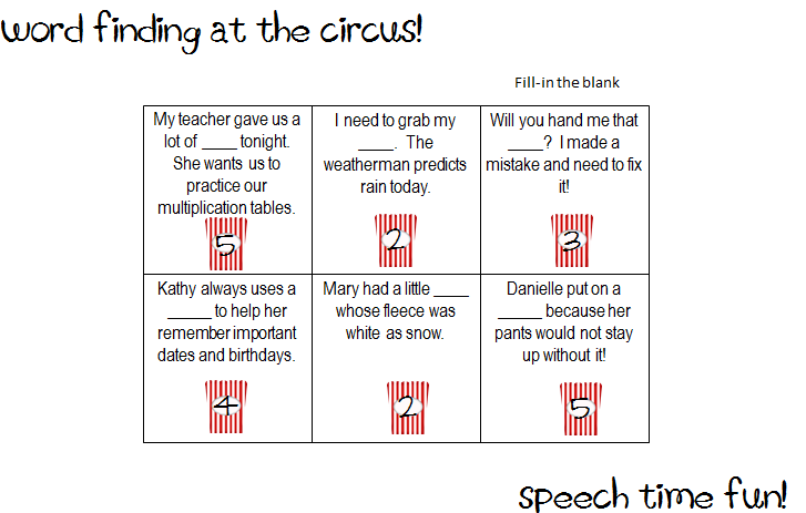 Word Finding Fun at the Circus - Speech Time Fun: Speech and Language ...