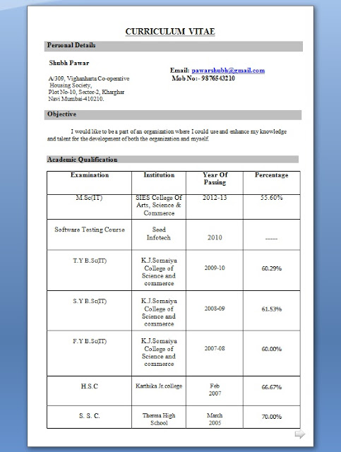 MSC in IT CV Sample Format in Word Free Download
